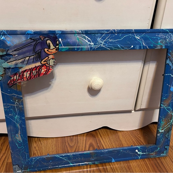 Art | Blue Custom Painted Sonic The Hedgehog Picture Frame | Poshmark